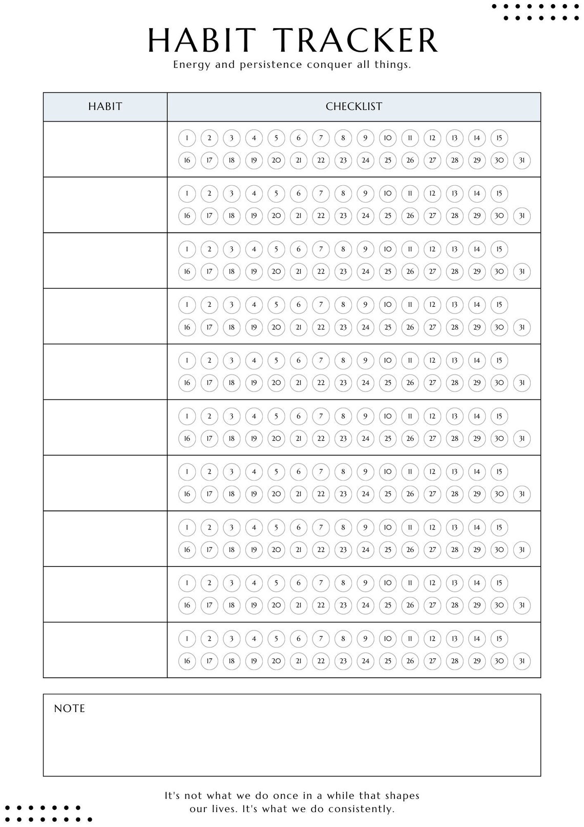 Minimalist White Habit Tracker Circle Checklist Planner | Printable ...