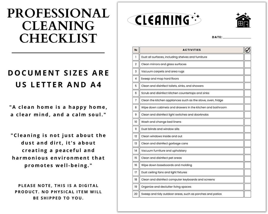 Professional Cleaning Checklist, Cleaning Task List, Detailed Cleaning ...