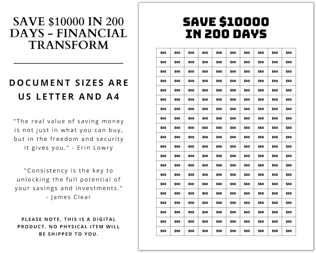 Save 10000 Dollars in 200 Days - Financial Transform | Printable ...