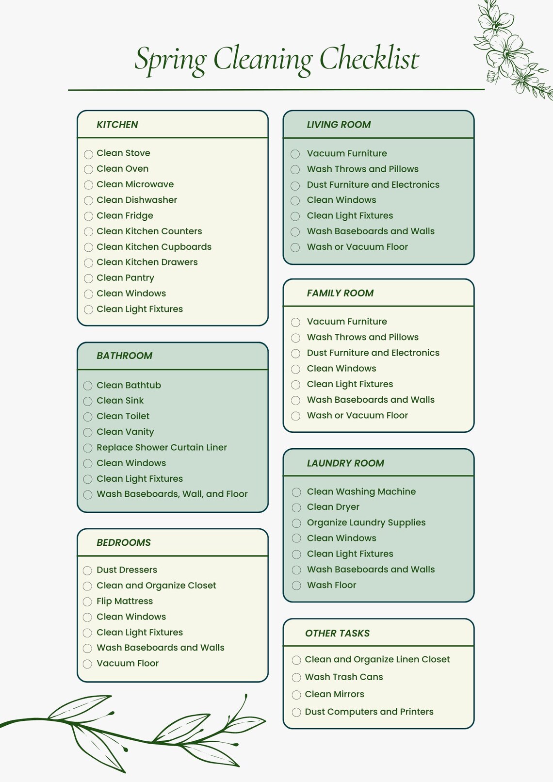 Spring Nature Green Cleaning Checklist | Printable | Digital Download ...