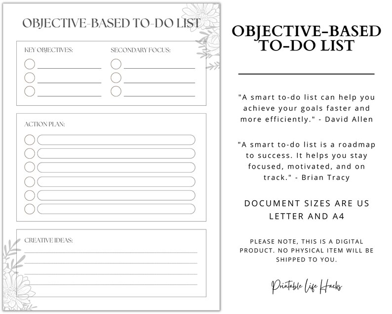 Objective-based To-do List Printable Digital Download - Etsy