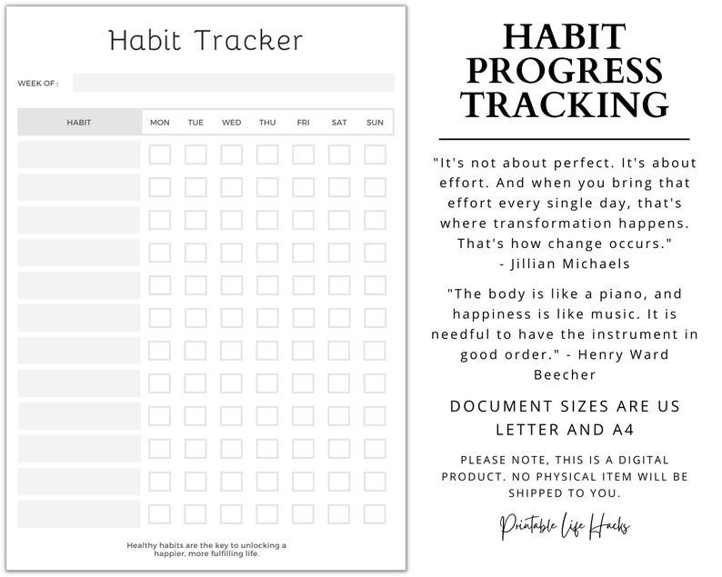 Habit Progress Tracking - Black and White Habit Tracker | Printable ...