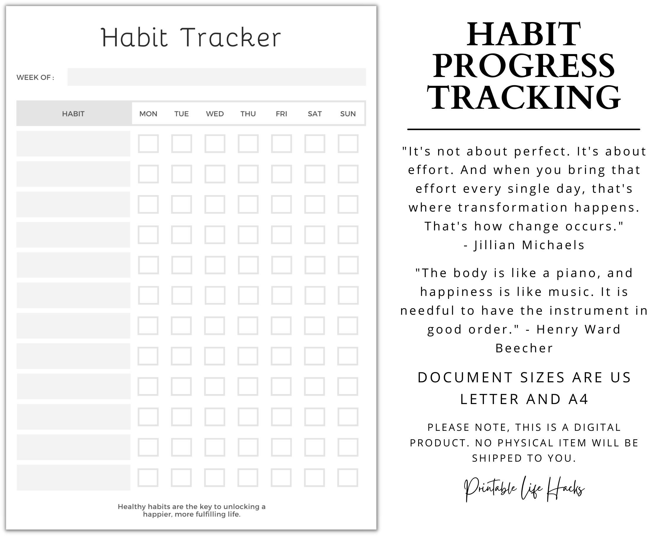 Habit Progress Tracking - Black and White Habit Tracker | Printable ...