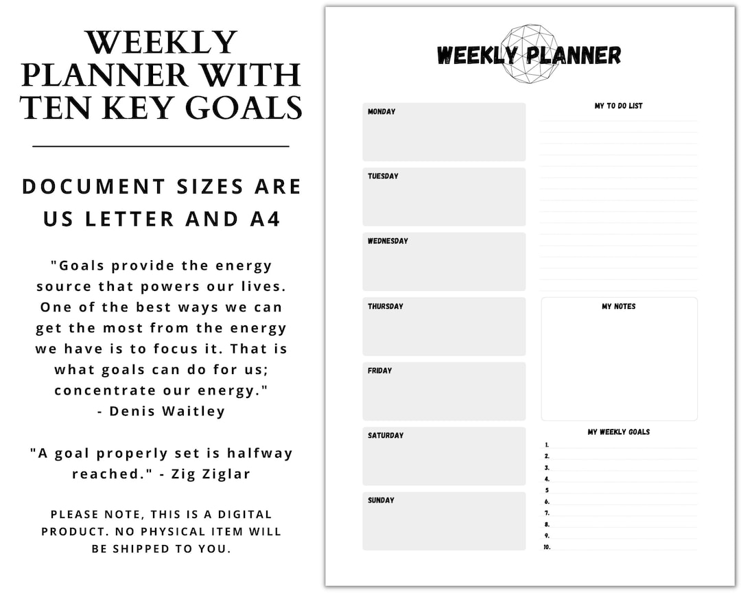 Weekly Planner With 10 Key Goals | Printable | Digital Download - Etsy