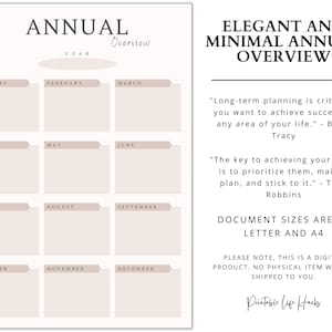 Elegant and Minimal Annual Overview Planner | Printable | Digital ...