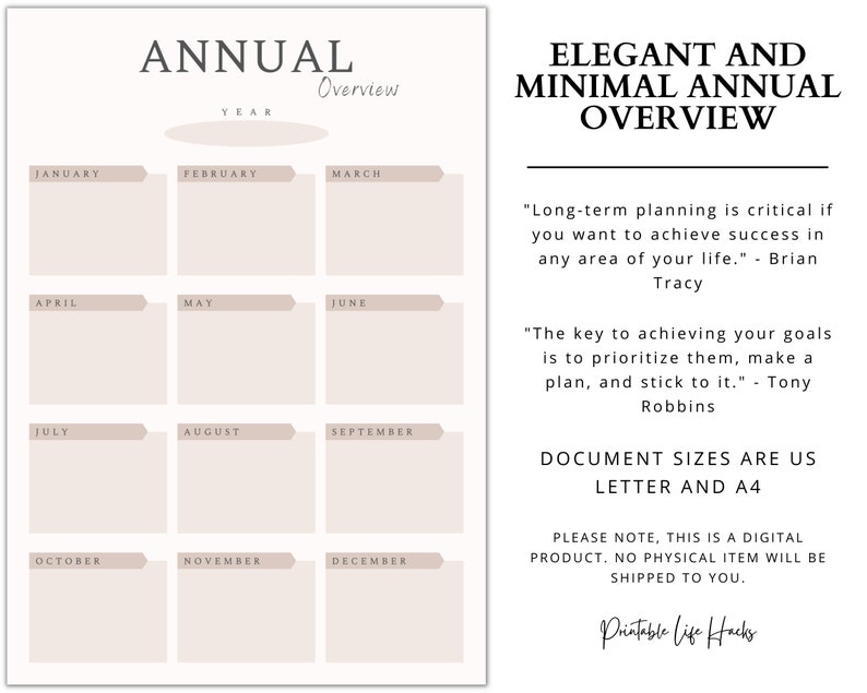 Elegant and Minimal Annual Overview Planner | Printable | Digital ...