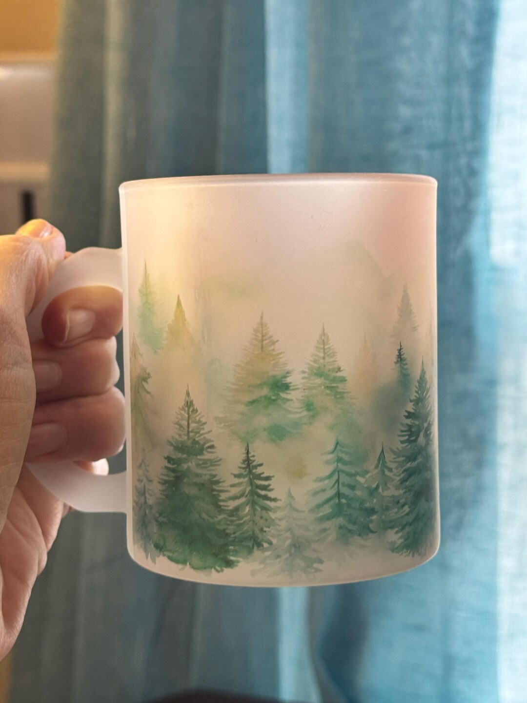 Green Misty Trees Frosted Glass Coffee Tea Mug Cup 11 Oz - Etsy