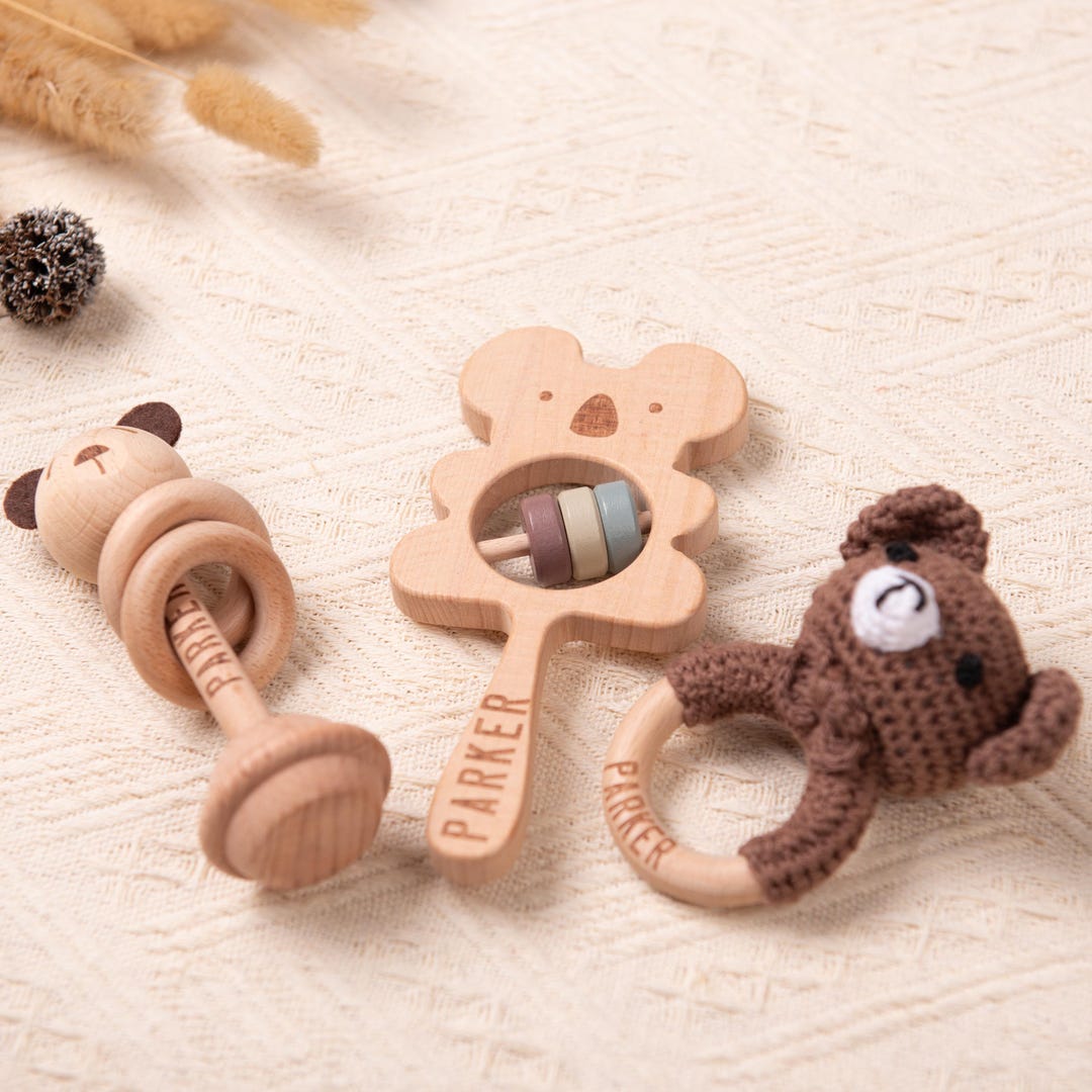 Personalized New Baby Gift Set, Custom Baby Rattle With Name, Wooden ...
