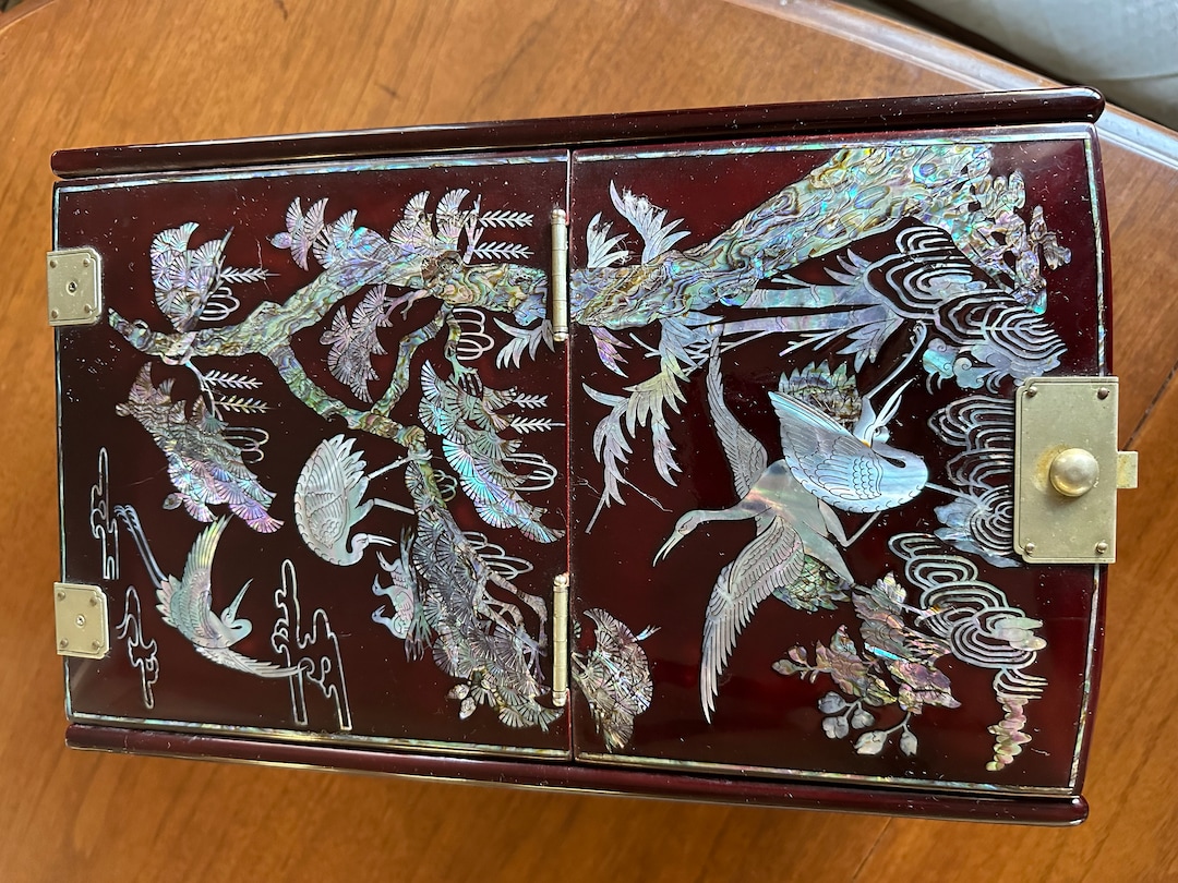 Vintage Mother of Pearl Inlay Large Handcrafted Korean Jewelry Box and ...