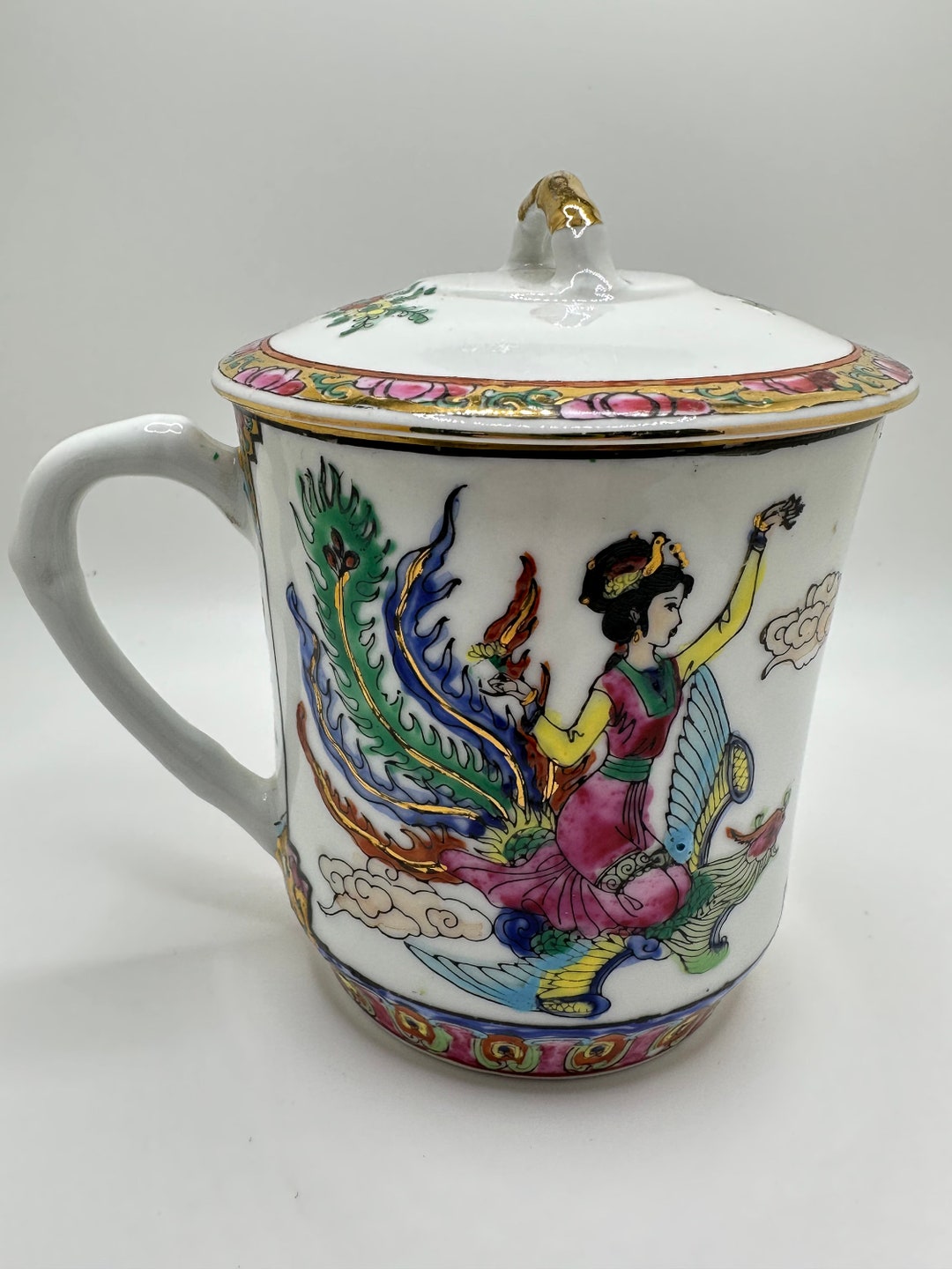 Beautiful Vintage Chinese Porcelain Lidded Tea Cup Hand Painted and ...