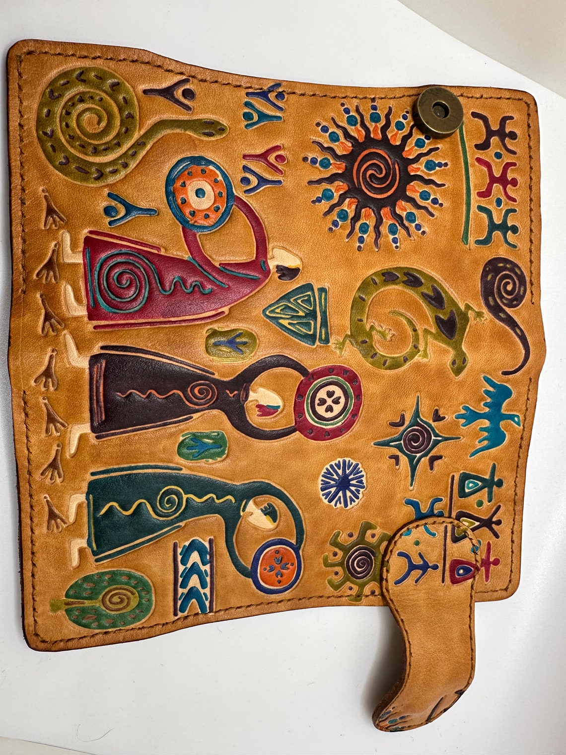Tribal Leather Wallet Eman Soliman Brown Symbols Bi-fold Women's - Etsy