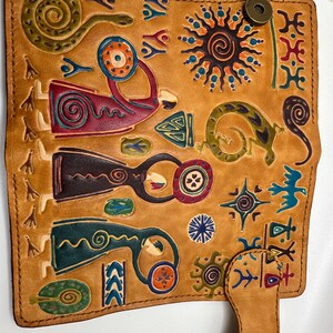 Tribal Leather Wallet Eman Soliman Brown Symbols Bi-fold Women's - Etsy