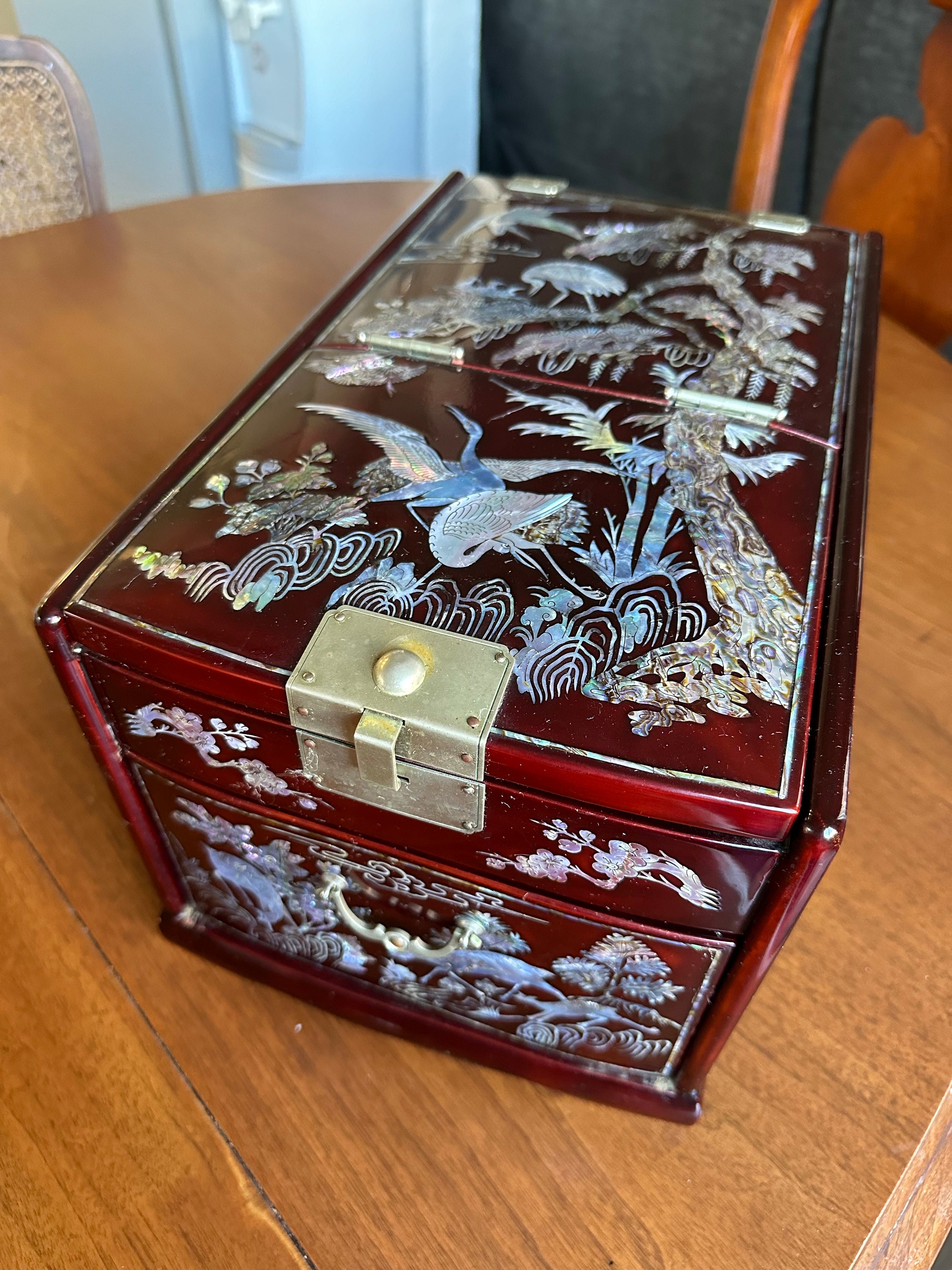 Vintage Mother of Pearl Inlay Large Handcrafted Korean Jewelry Box and ...