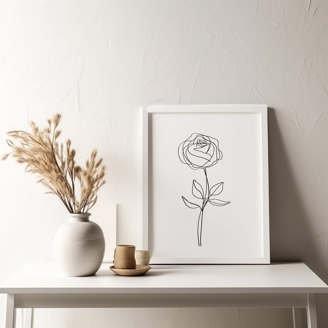 Fine Line Rose Art Print, Continuous Flower Line Art, Rose Outline ...