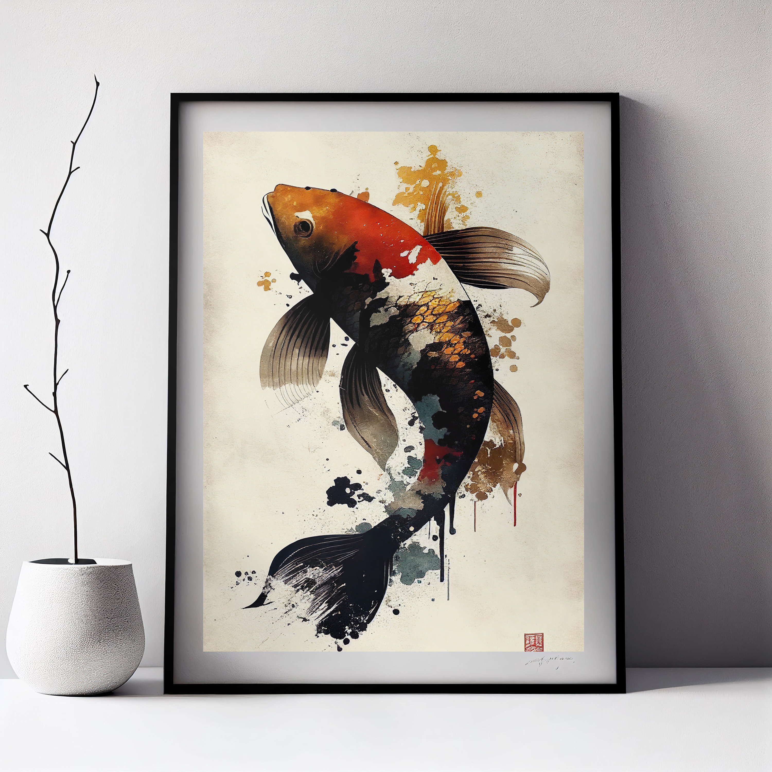 Japanese Koi Fish Painting, Vintage Japanese Wall Decor, Fish Painting ...