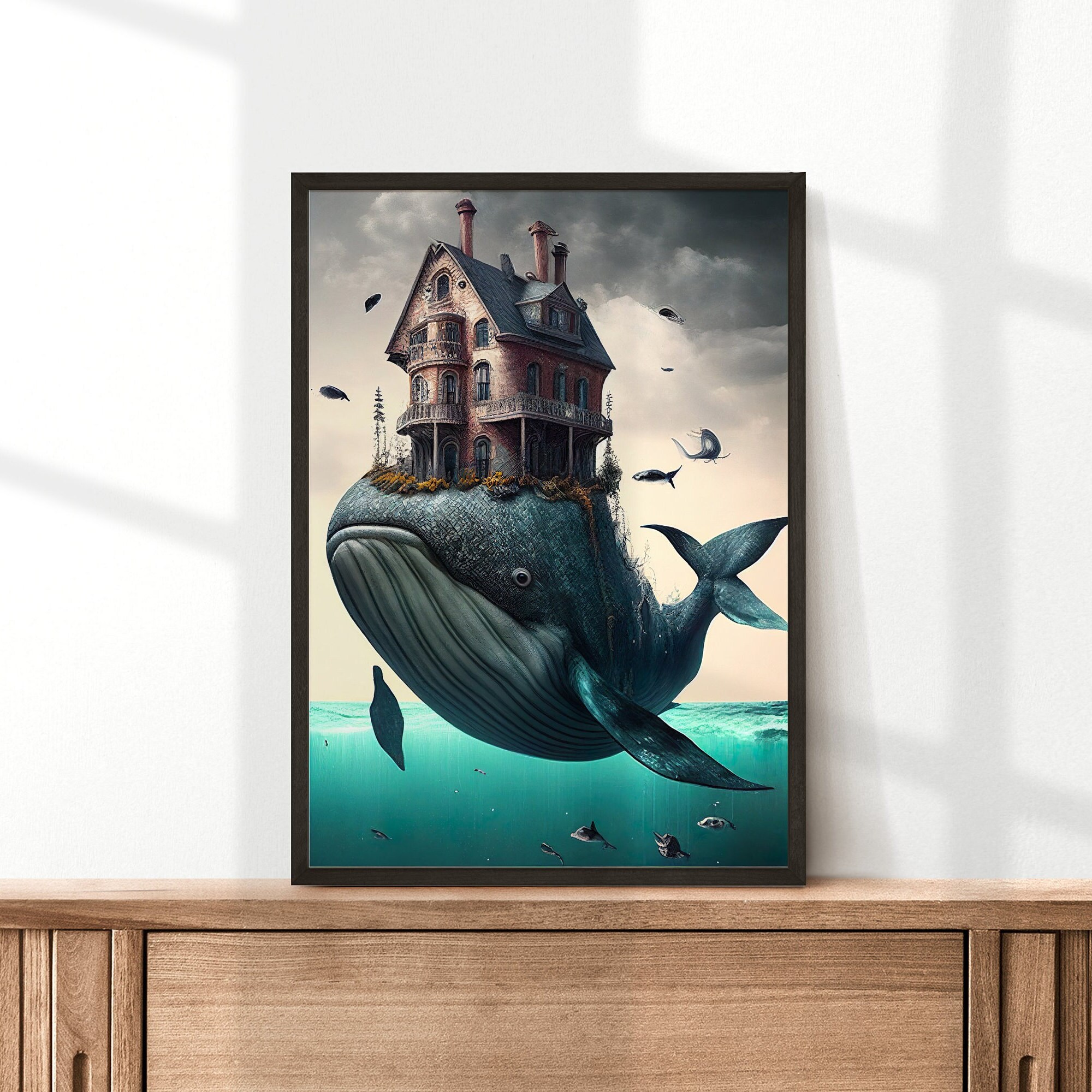 Surreal Whale Art Print, Surrealist Art, Surreal Sea Painting, Blue ...