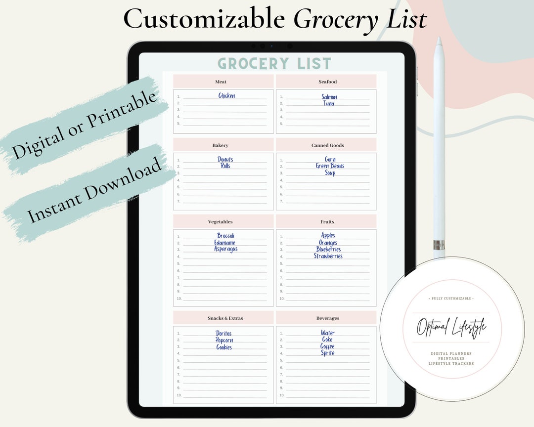 GROCERY LIST | Digital Grocery List | Printable Grocery List | Ipad ...