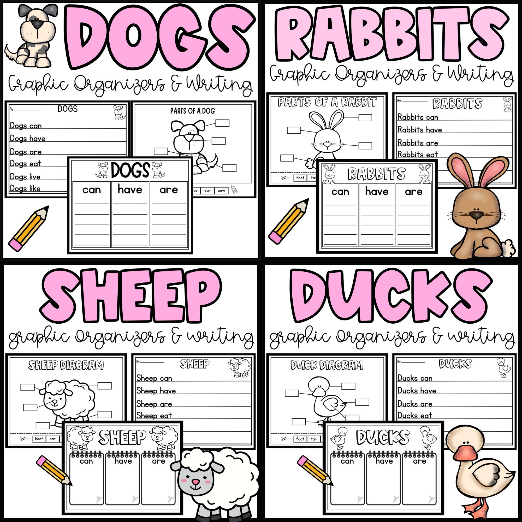 Farm Animals Graphic Organizers- Research Writing 156 Pages -chick ...