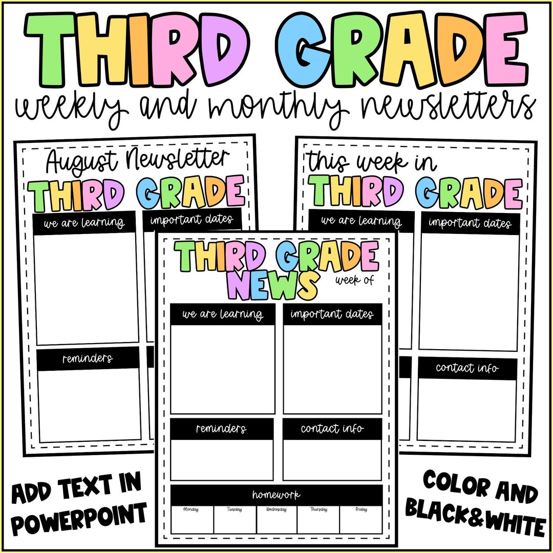 3rd Grade Weekly and Monthly Editable Newsletter Template -colorful ...