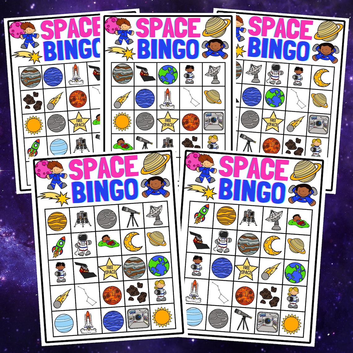 Space BINGO Game Astronauts, Planets, Outer Space, Rocket Ships Party ...
