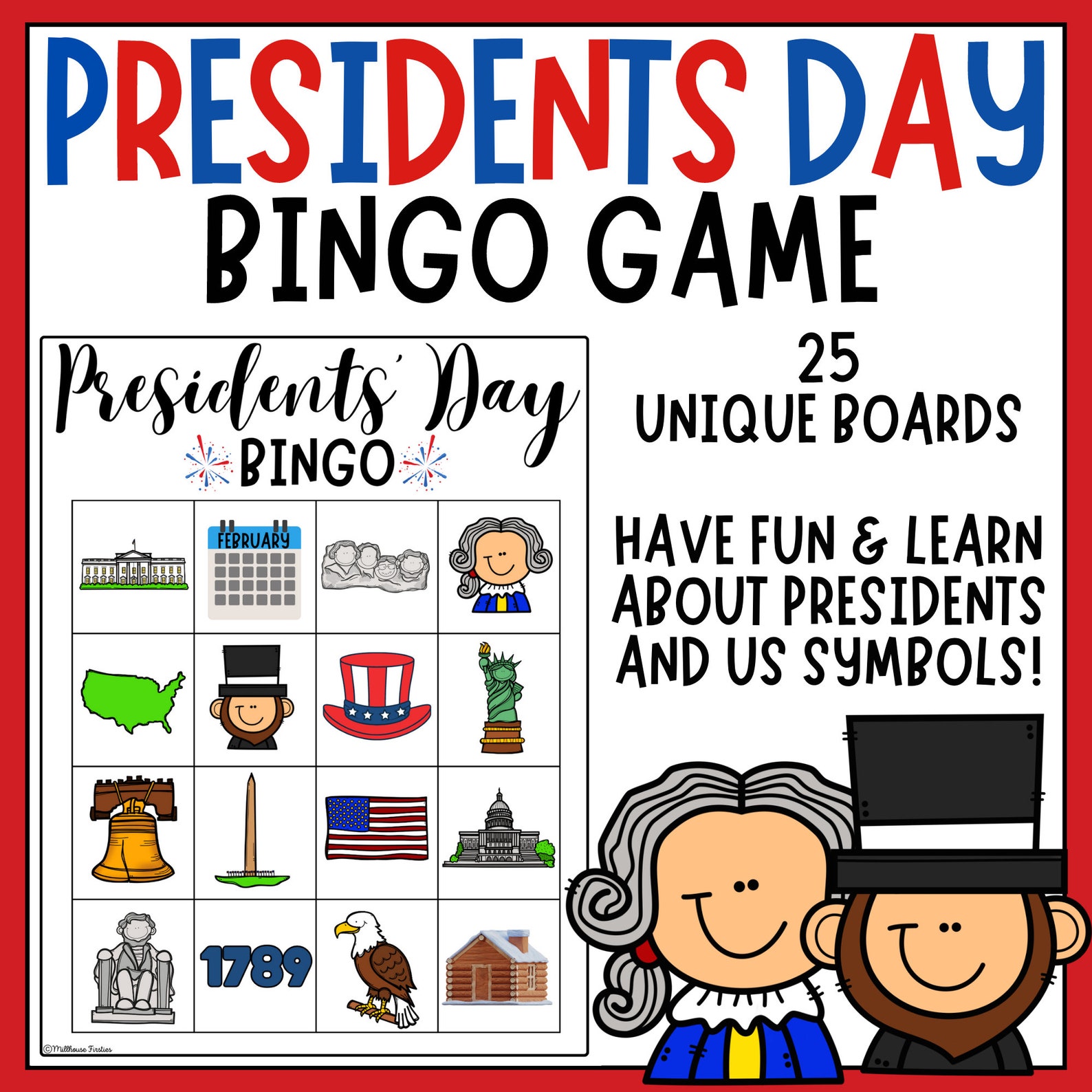 Presidents Day & US Symbols BINGO Game- 25 Boards and Calling Cards ...
