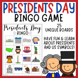 Presidents Day & US Symbols BINGO Game- 25 Boards and Calling Cards ...