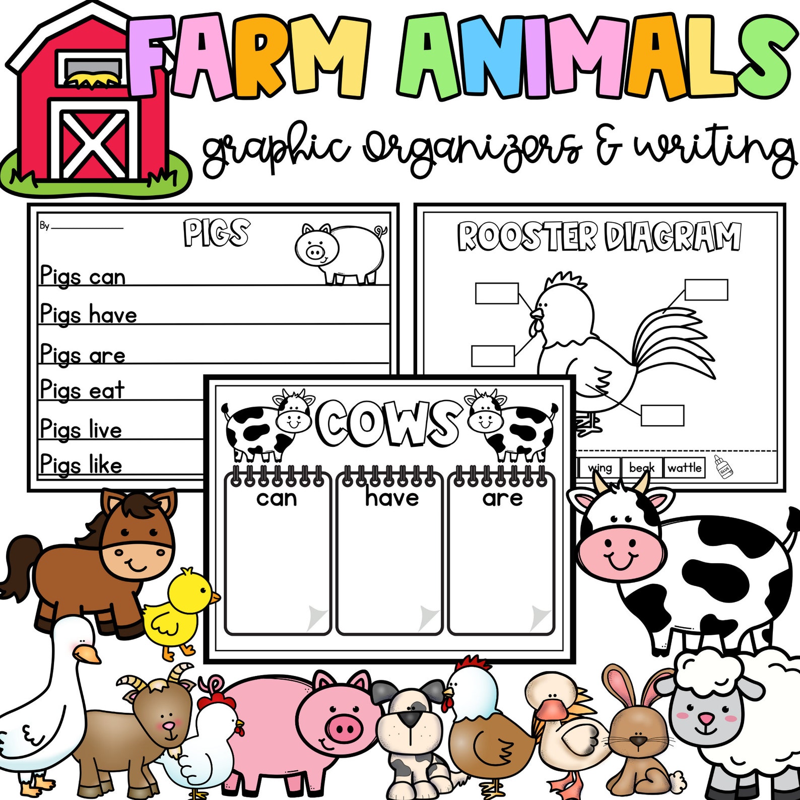 Farm Animals Graphic Organizers- Research Writing 156 Pages -chick ...