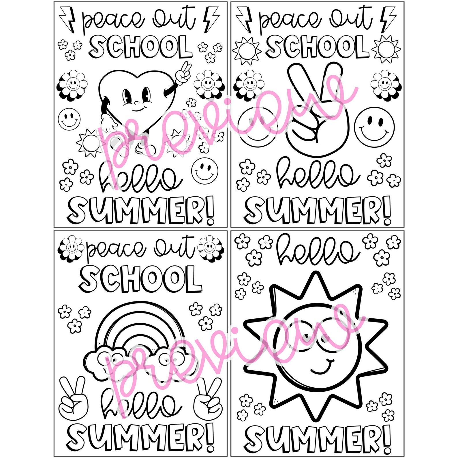 Summer Coloring Pages-end of Year - Peace Out School, Hello Summer - Etsy