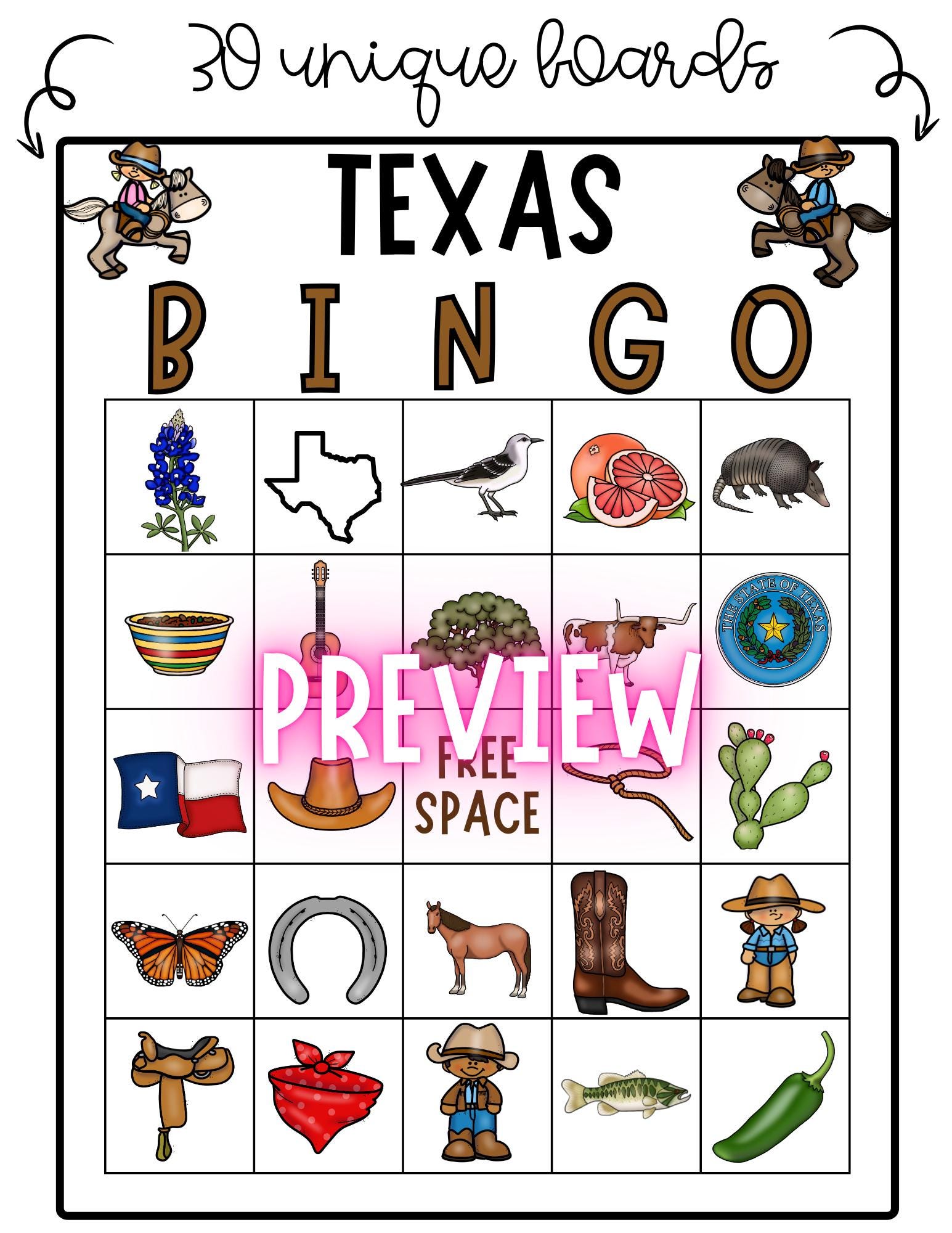 Texas BINGO Game -western, Rodeo, Cowboy, Symbols, Go Texan Day- Class ...