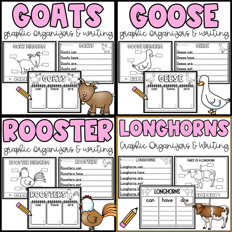 Farm Animals Graphic Organizers- Research Writing 156 Pages -chick ...