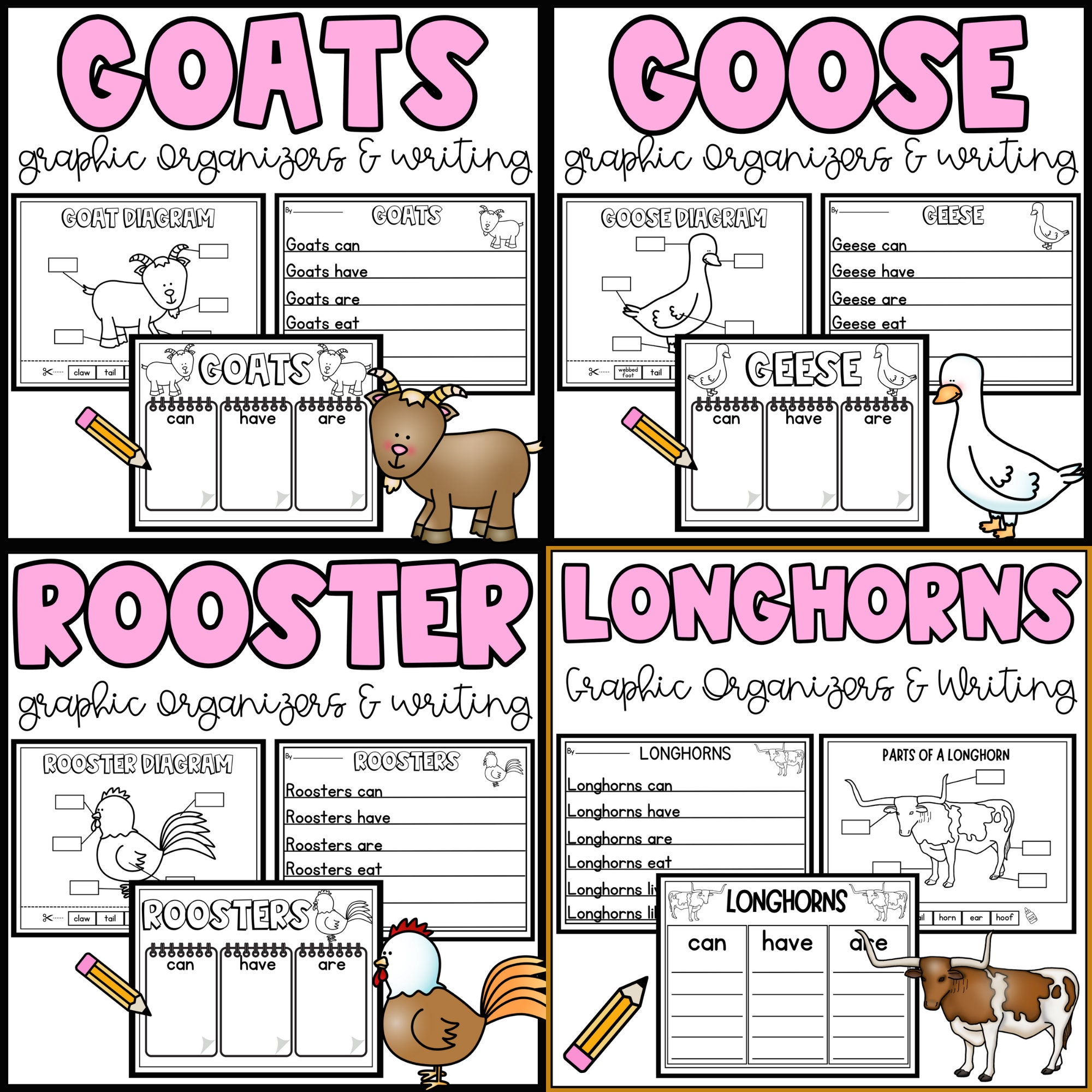 Farm Animals Graphic Organizers- Research Writing 156 Pages -chick ...