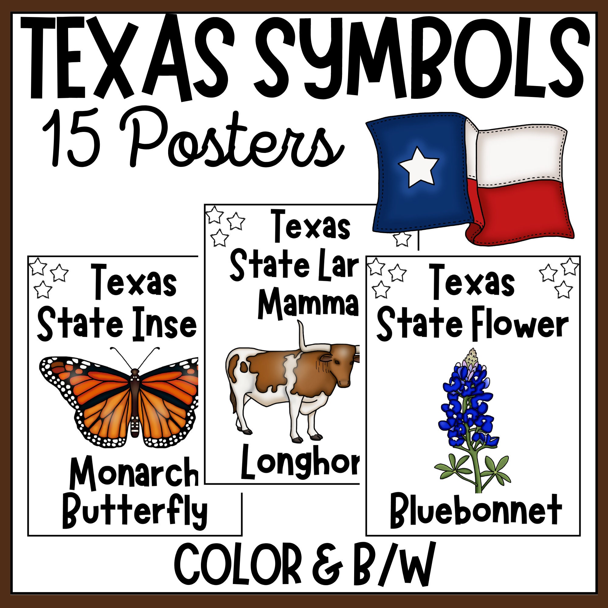 Texas Symbols Posters, Color and Black/white - Go Texan Day - Coloring ...