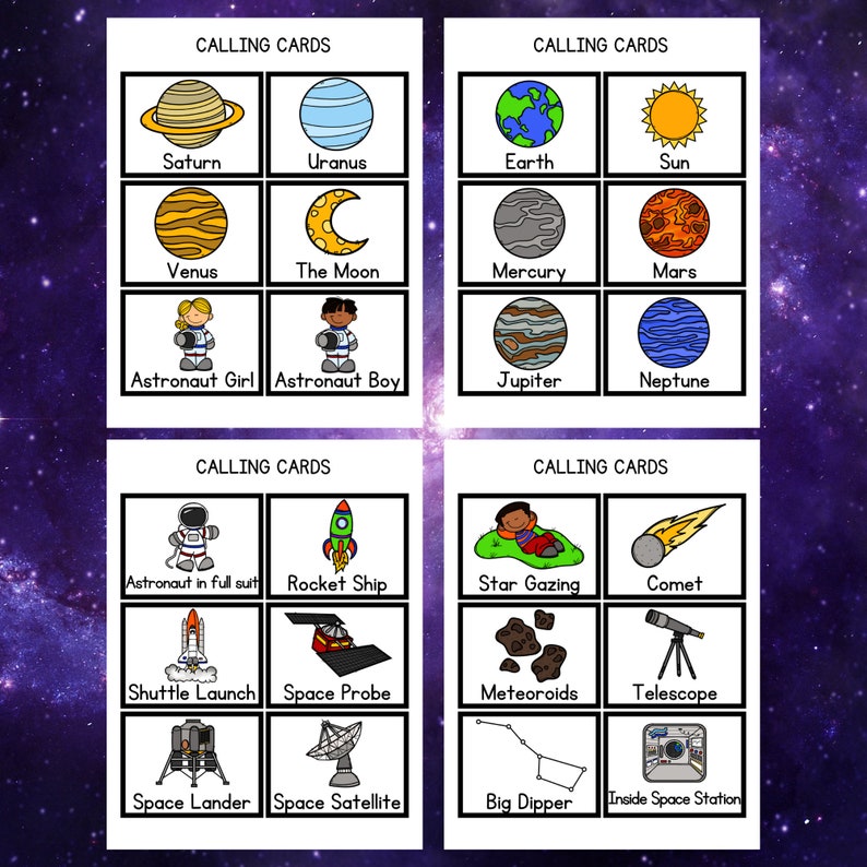 Space BINGO Game - Astronauts, Planets, Outer Space, Rocket Ships ...