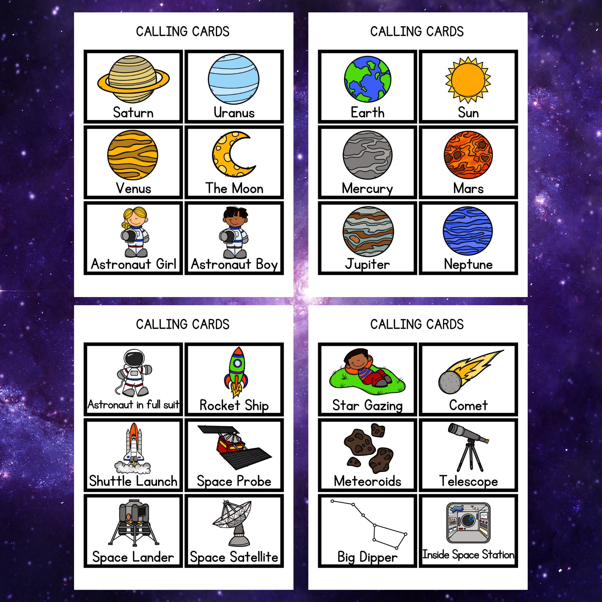 Space BINGO Game - Astronauts, Planets, Outer Space, Rocket Ships ...