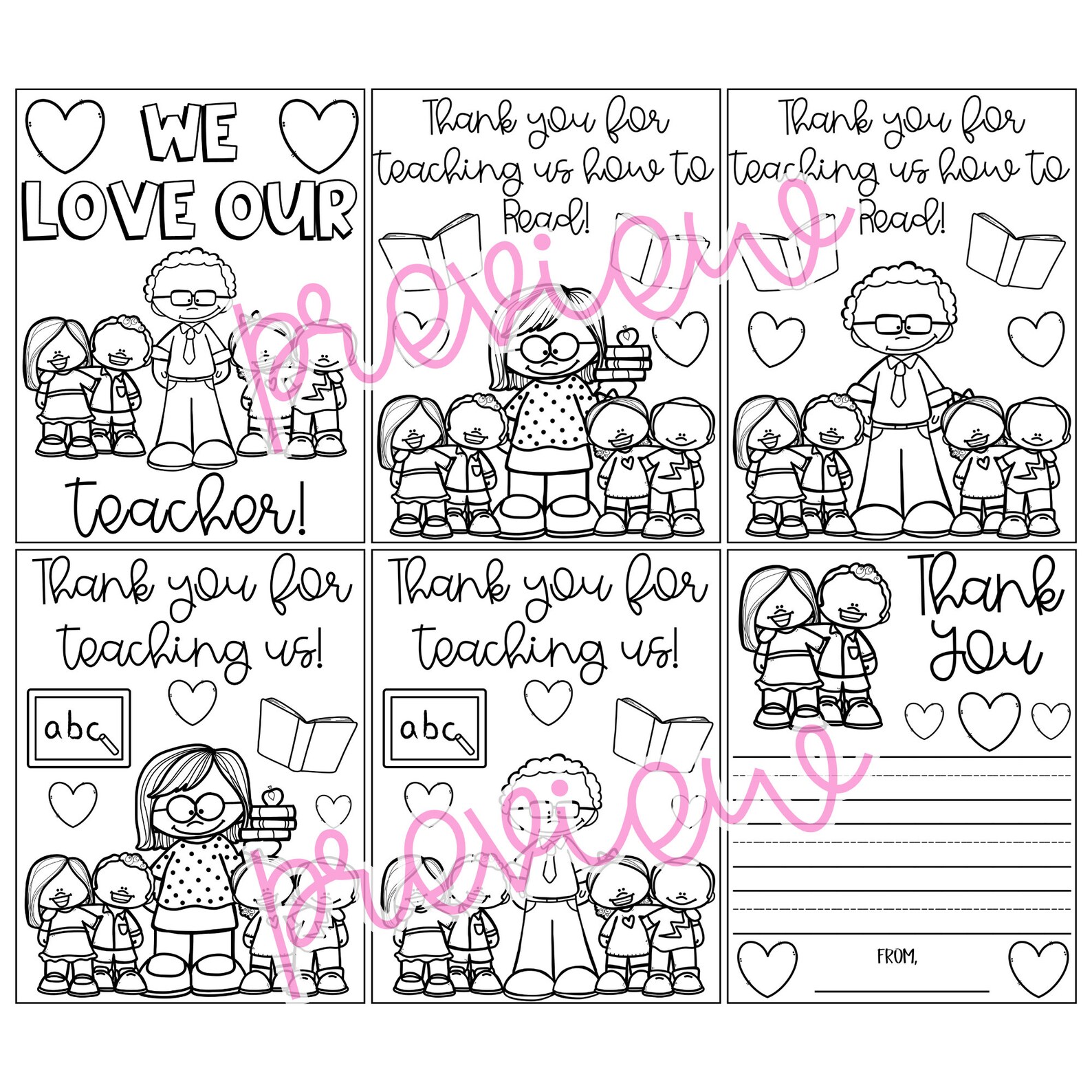 Teacher Appreciation Thank You Coloring Pages & Writing- We Love Our ...