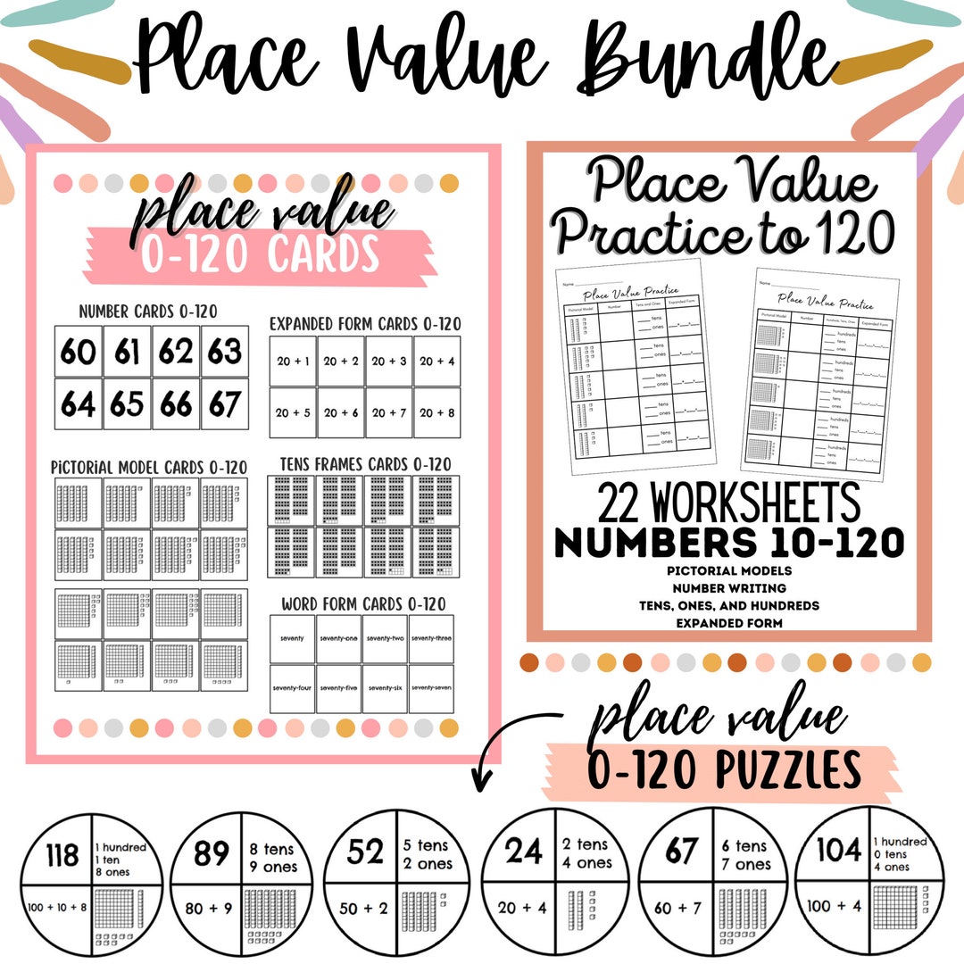 Place Value Cards, Puzzles, and Worksheets for Numbers up to 120 - Etsy