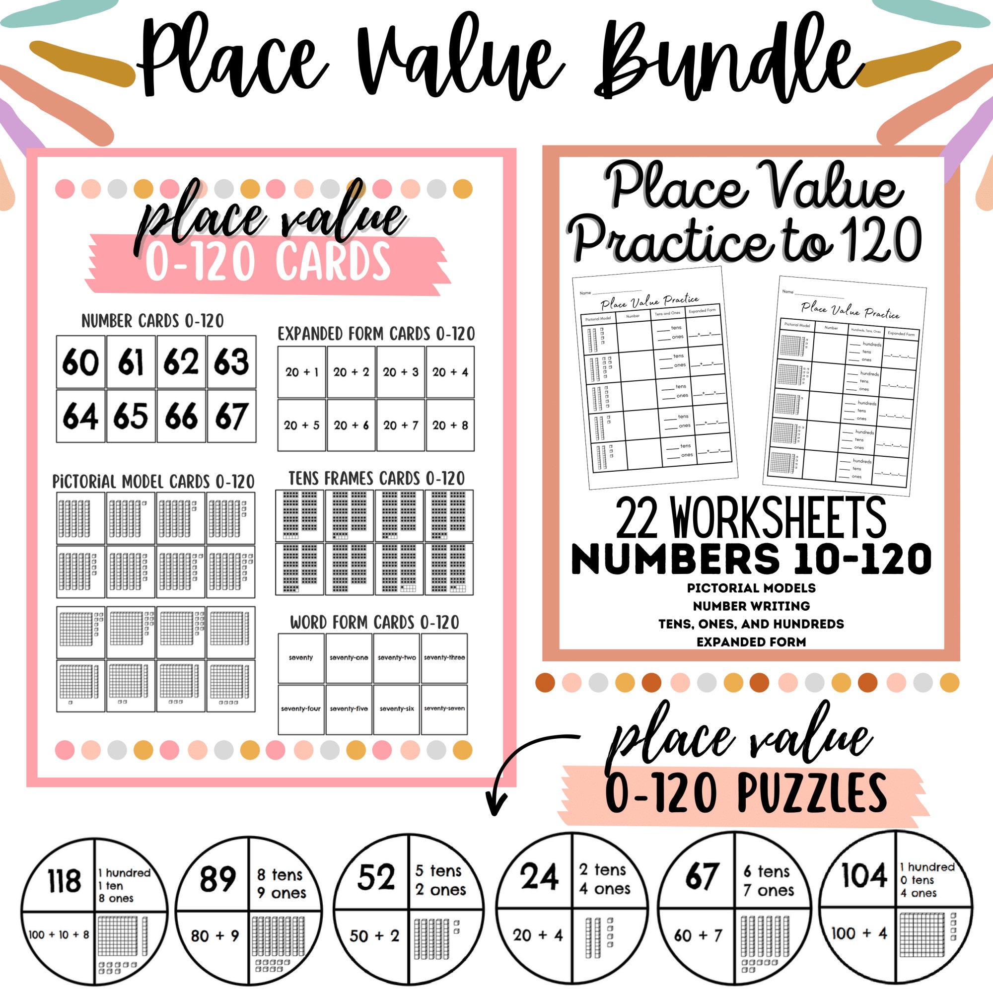 Place Value Cards, Puzzles, and Worksheets for Numbers up to 120 - Etsy