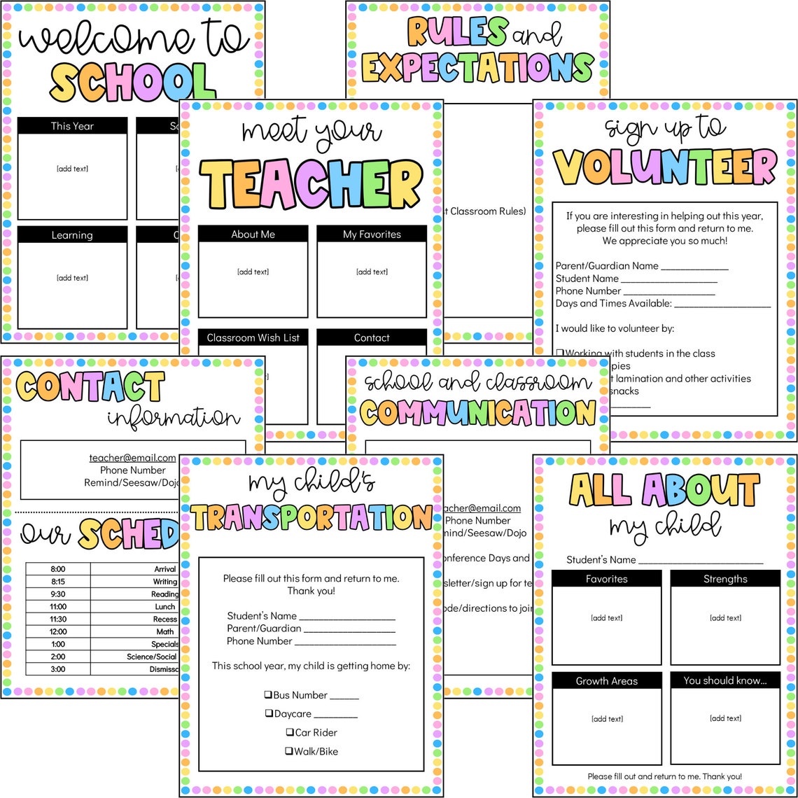 Back to School Forms -meet the Teacher Forms -open House Forms-editable ...