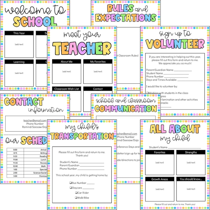 Back to School Forms -meet the Teacher Forms -open House Forms-editable ...