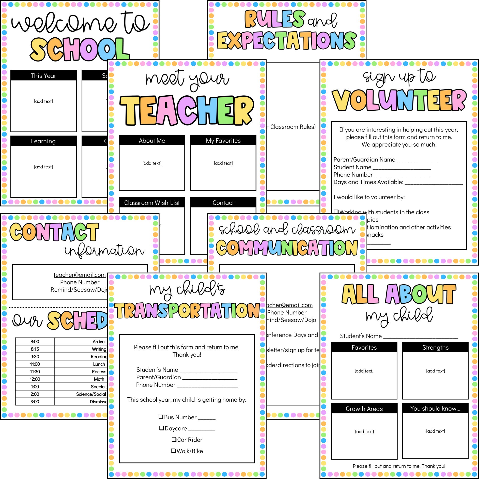 Back to School Forms -meet the Teacher Forms -open House Forms-editable ...