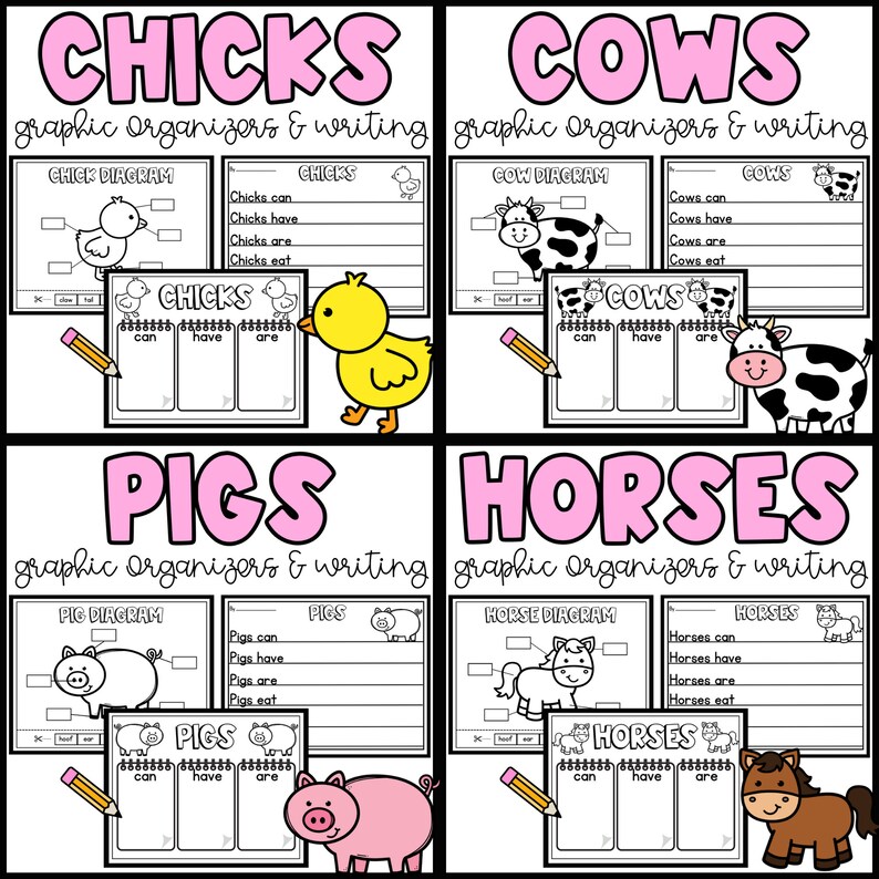 Farm Animals Graphic Organizers- Research Writing 156 Pages -chick ...