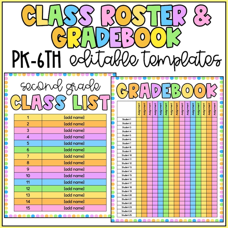 Class Roster and Gradebook Templates - Rainbow Colorful Editable ...