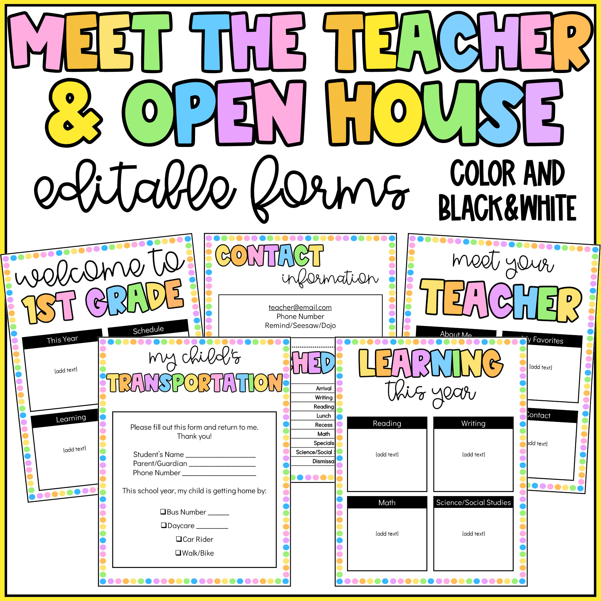 Back to School Forms -meet the Teacher Forms -open House Forms-editable ...