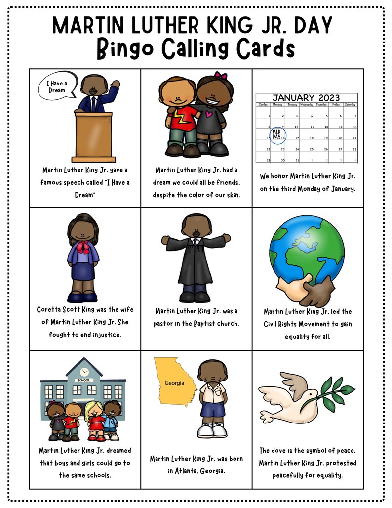 Martin Luther King Jr. Day BINGO Game - 20 Bingo Boards & Calling Cards ...