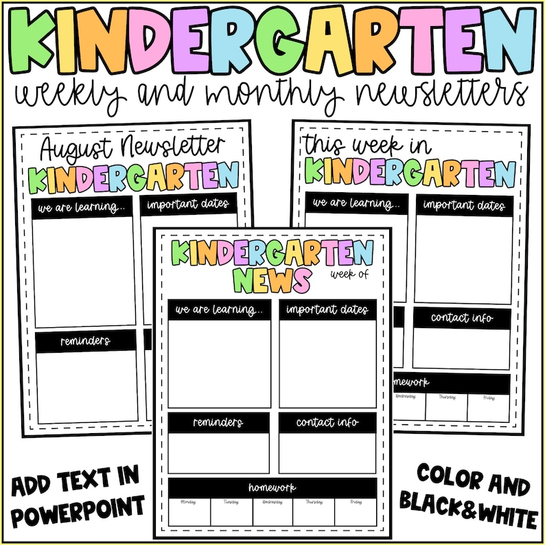 Kindergarten Weekly and Monthly Editable Newsletter Template - Colorful ...