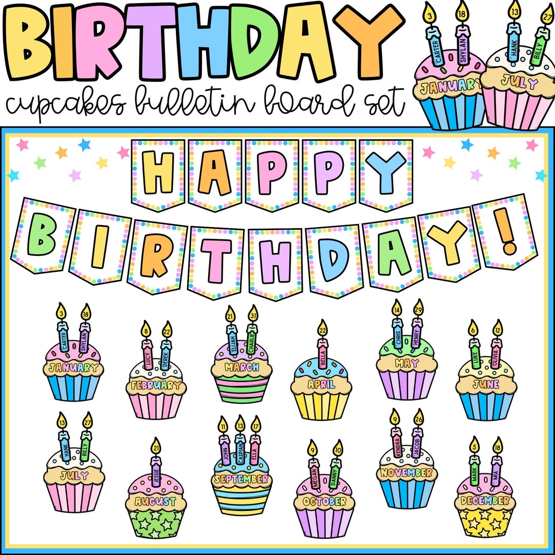 Happy Birthday Bulletin Board Set - Cupcakes - Editable Names on ...