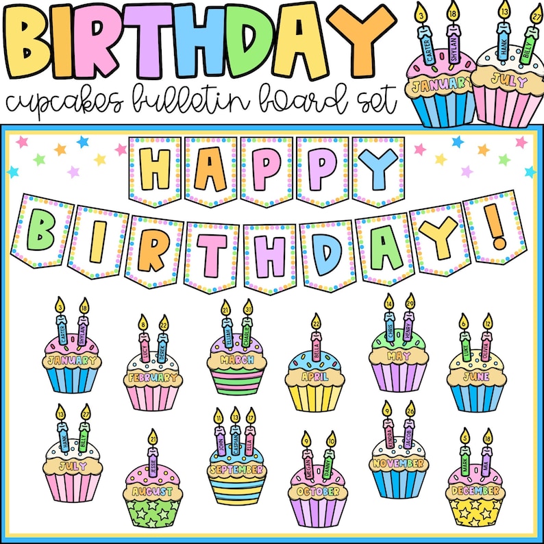 Happy Birthday Bulletin Board Set - Cupcakes - Editable Names on ...