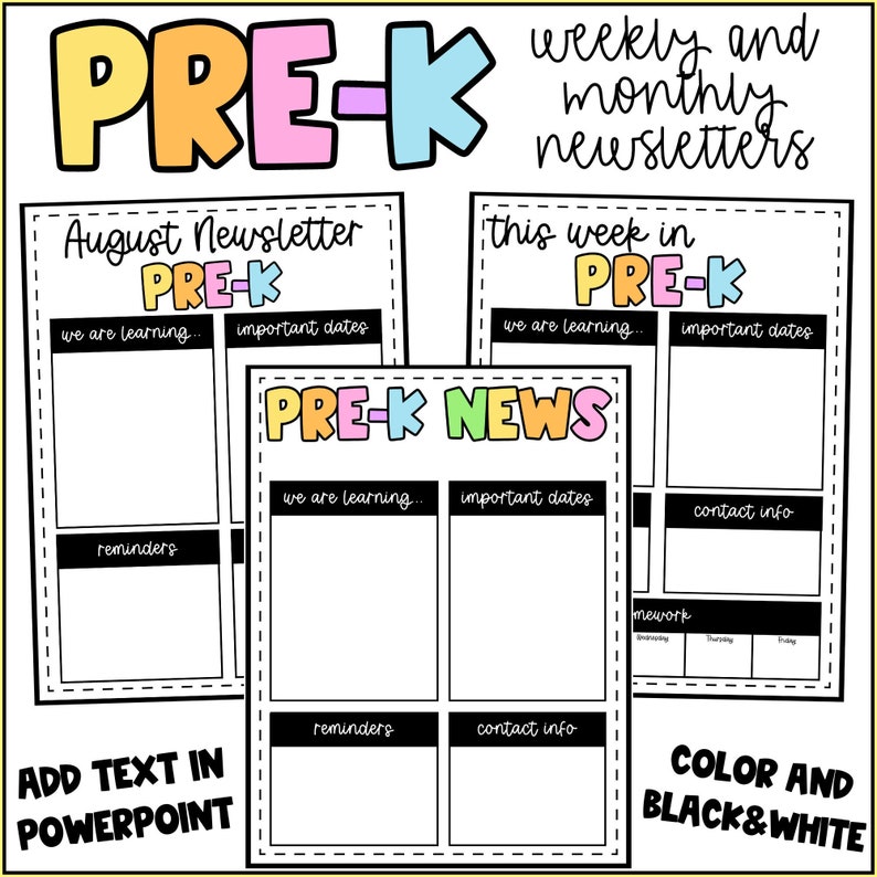 Pre-k Weekly and Monthly Editable Newsletter Template -colorful Prek ...