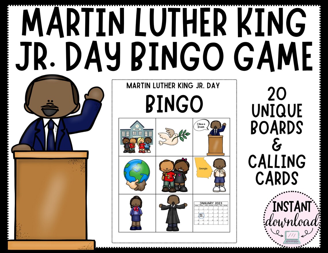 Martin Luther King Jr. Day BINGO Game - 20 Bingo Boards & Calling Cards ...