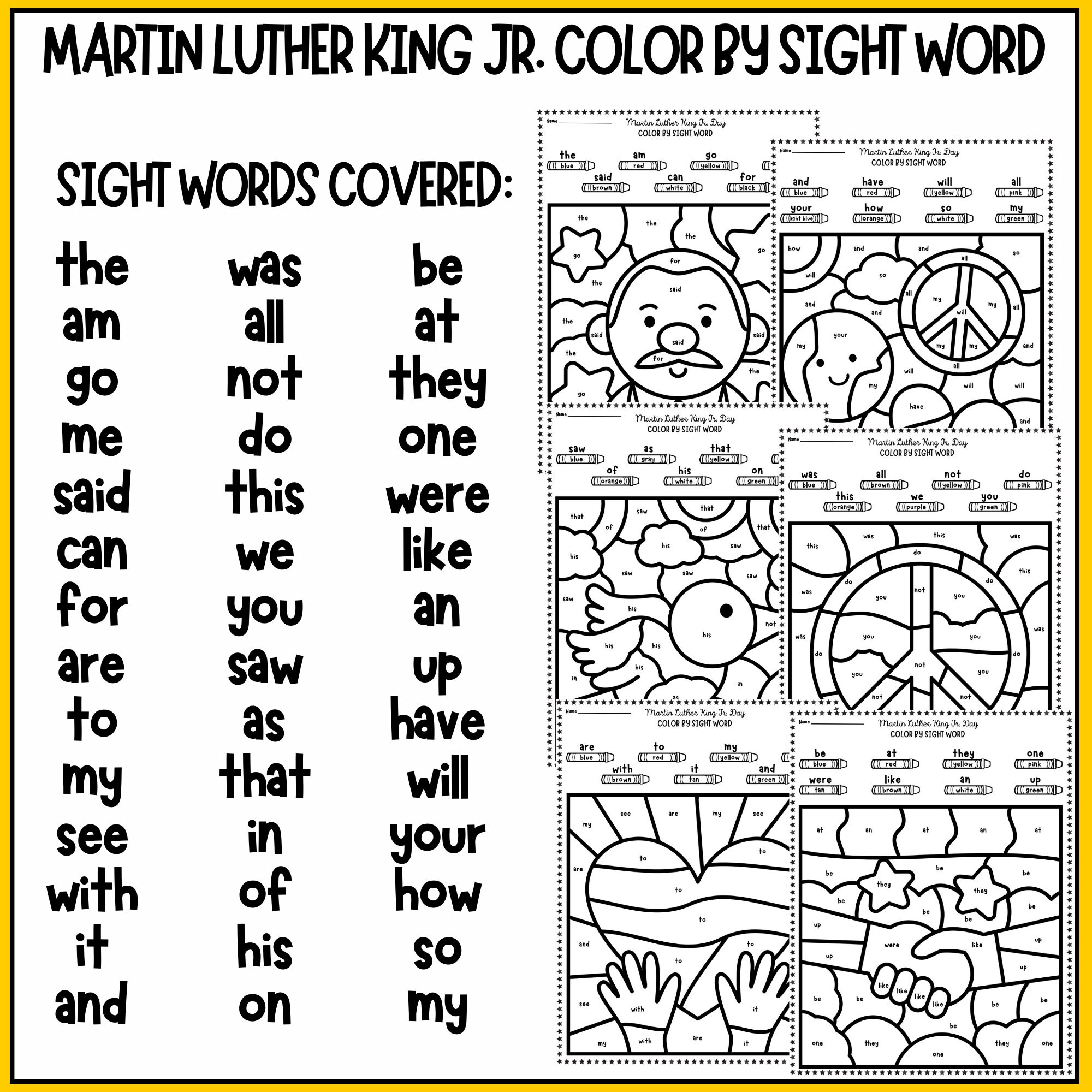 MLK DAY Color by Sight Word- Martin Luther King Jr. Day Activity - 6 ...